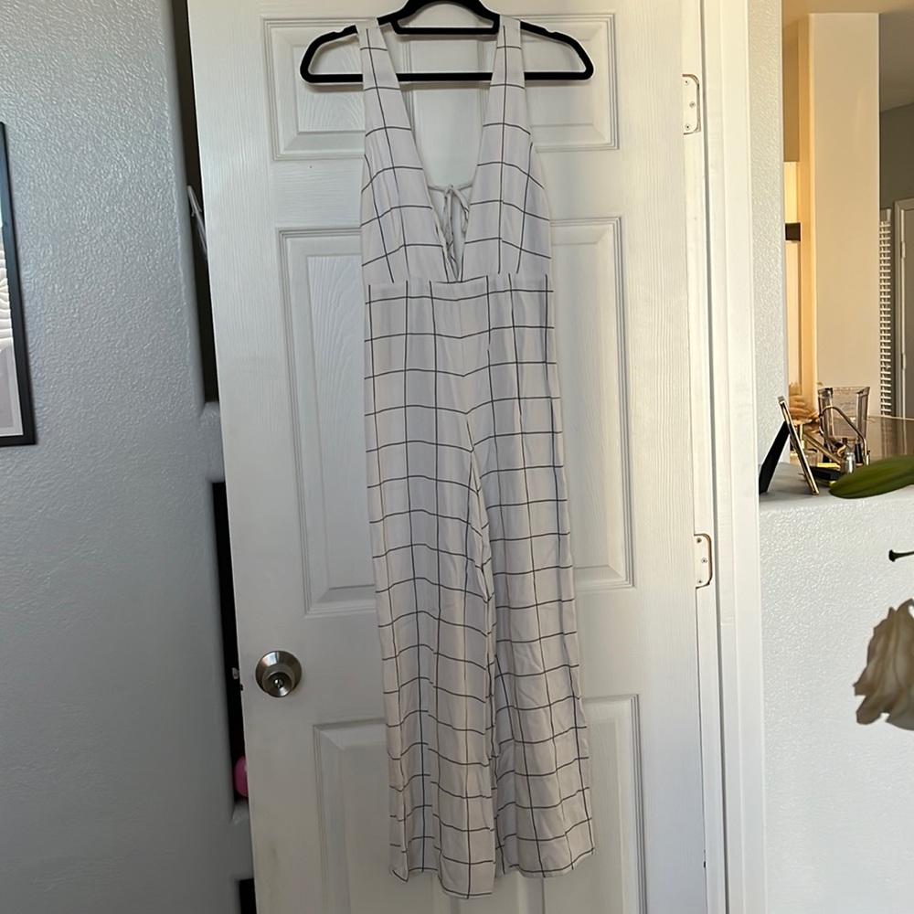 White Window Pane Wide Leg Jumpsuit - Gem